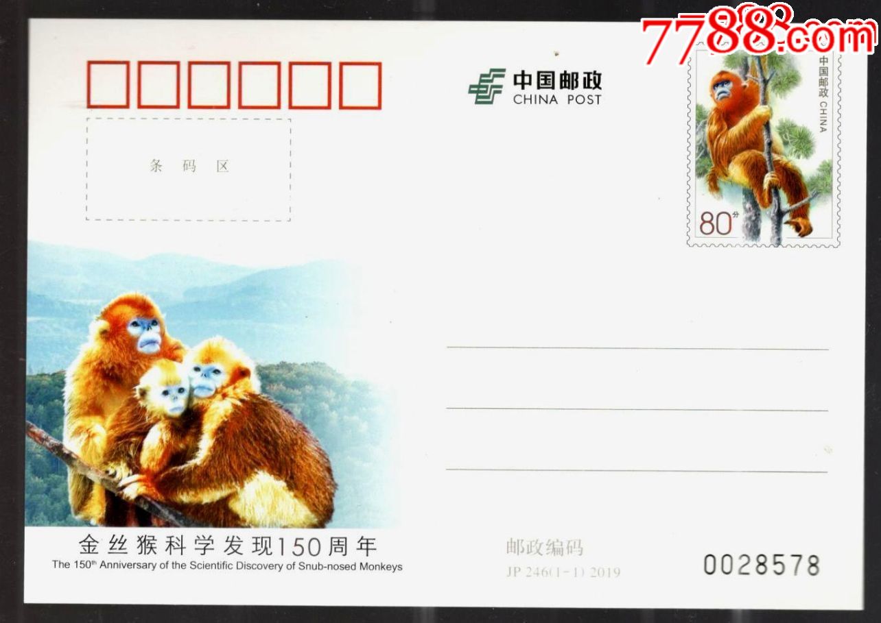 《JP246.金丝猴科学发现150周年》邮资纪念明信片_明信片/邮资片_作品欣赏_收藏价值_7788字画网