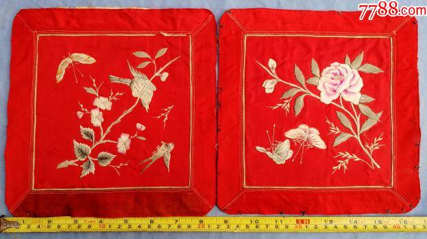 清代刺绣花鸟枕顶一对民俗古玩杂项收藏_补子/绣片_图片收藏_回收价格_7788老酒瓶