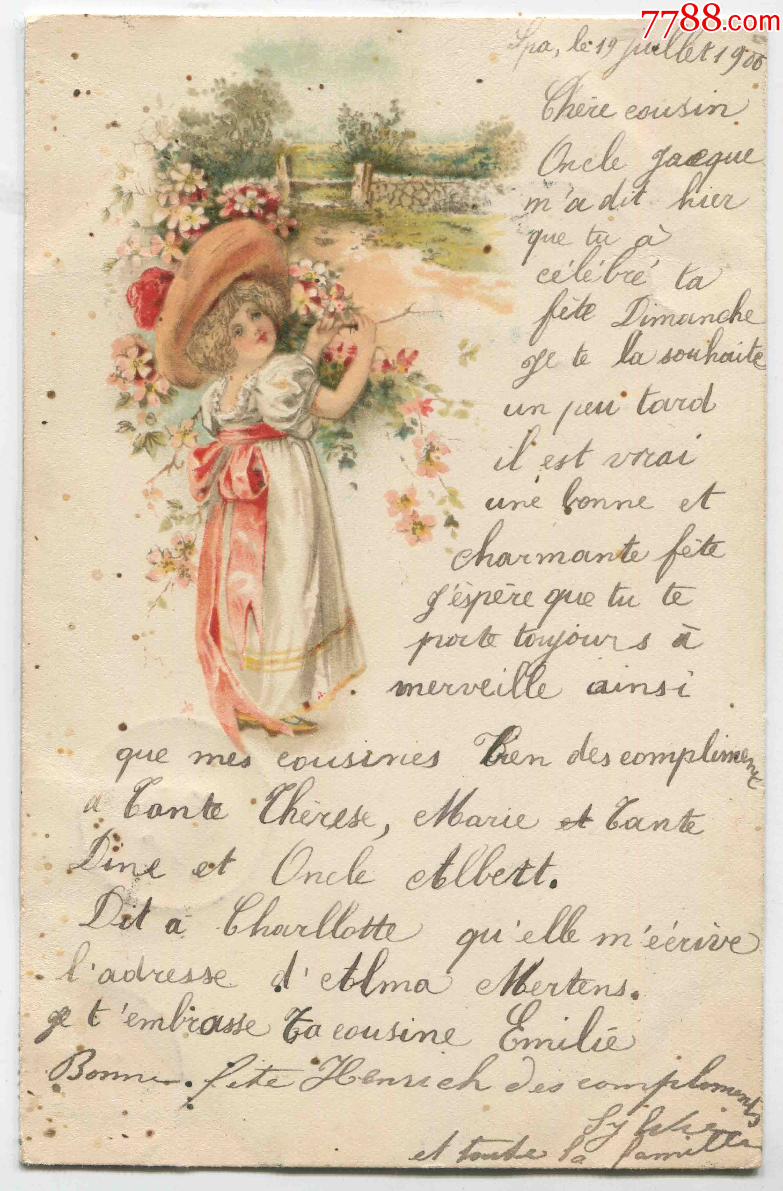 比利时1900年实寄明信片摘花的女孩CARD-B-29_明信片/邮资片_图片欣赏_收藏价值_7788明信片收藏