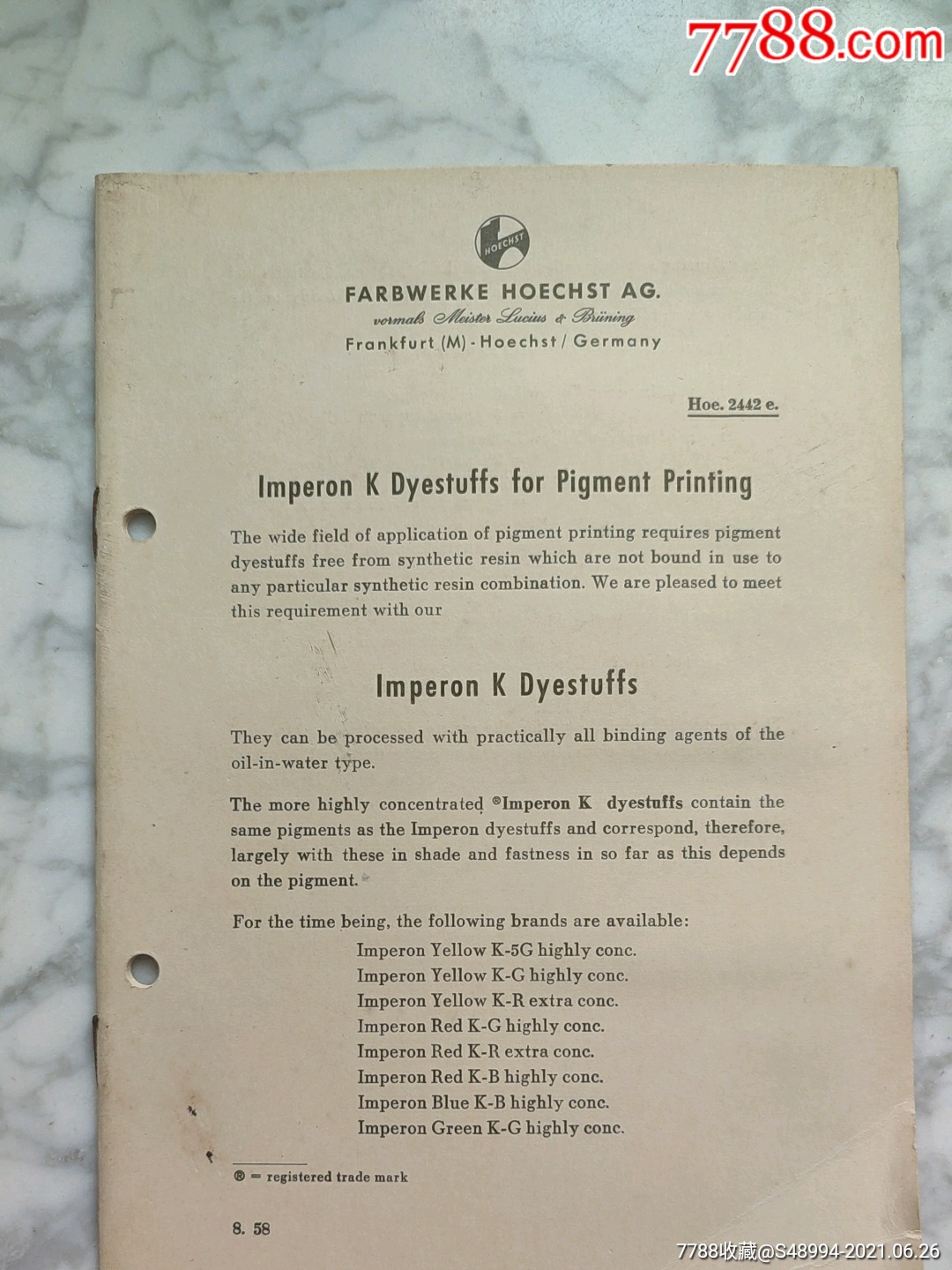 染料类样本：IMPERON染料，德国HoechstAG公司出品-价格:199元-se81057615-衣标/纺织标-零售-7788收藏__收藏热线