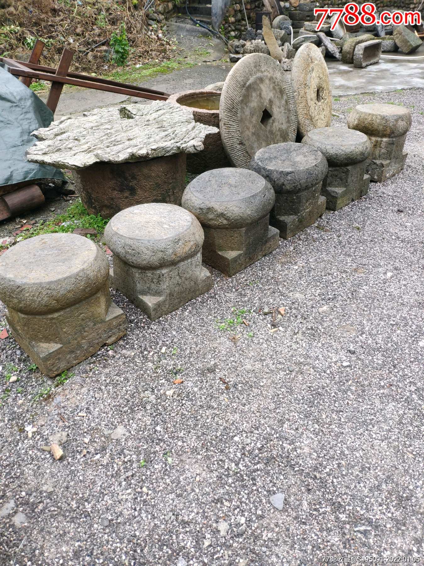 清代青石大石鼓石墩花几一套6个石鼓石墩民俗钱币一线货【7788收藏】