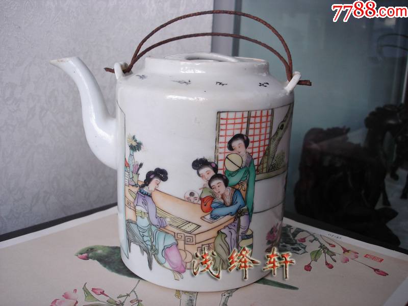 (712)民国彩瓷名店彩云轩《仕女抚琴图》茶壶_旧瓷器_玉兰苑【7788收藏__收藏热线】