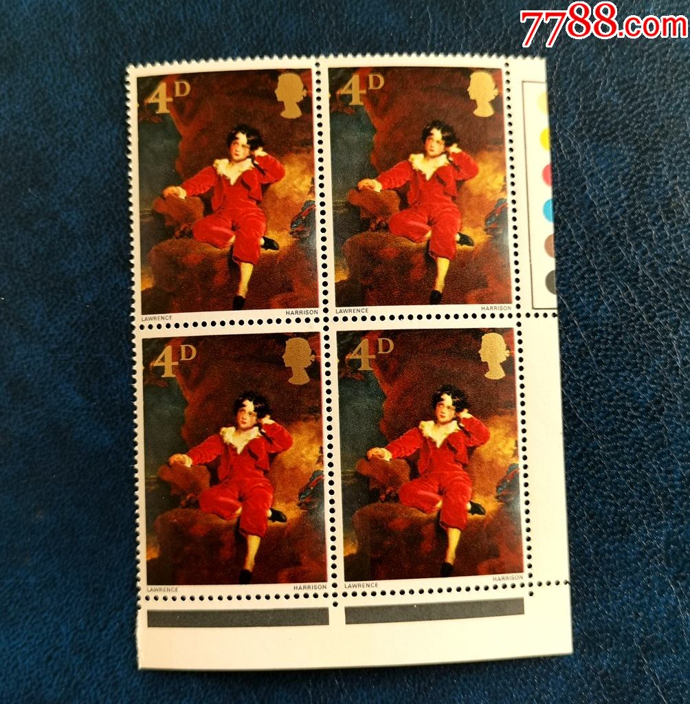 英国邮票1967年名画劳伦斯绘画作品红衣男孩色标直角边四方连919&_欧洲邮票_清风集藏【7788收藏__收藏热线】