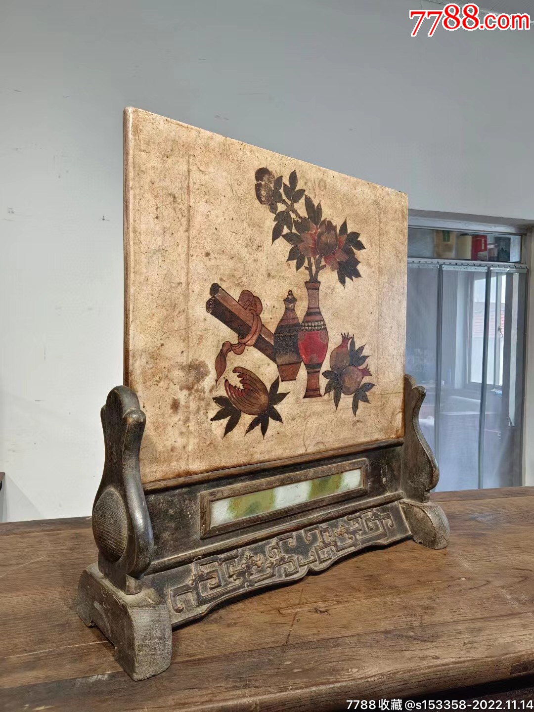 清中期：楠木，汉白玉石面插屏，老五彩彩绘。-价格:5300元-se90544479-木屏风-零售-7788收藏__收藏热线