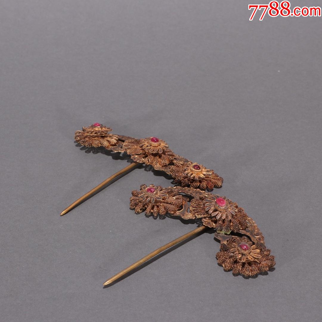 银鎏金花丝花开富贵发簪一对。_银簪_藏宝阁古玩铺【7788收藏__收藏热线】