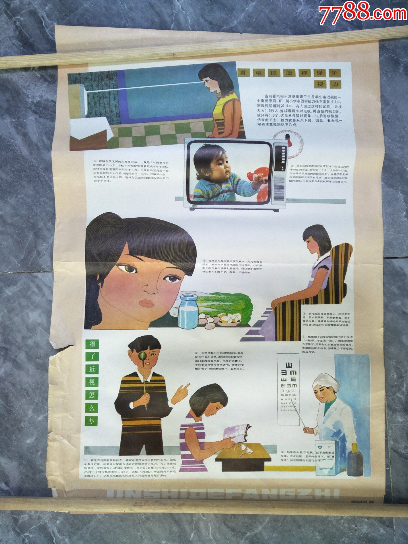 80年代卫生宣传画看电视怎么保护视力,得了近视怎么办宣传画红色纸品行【7788收藏收藏热线】