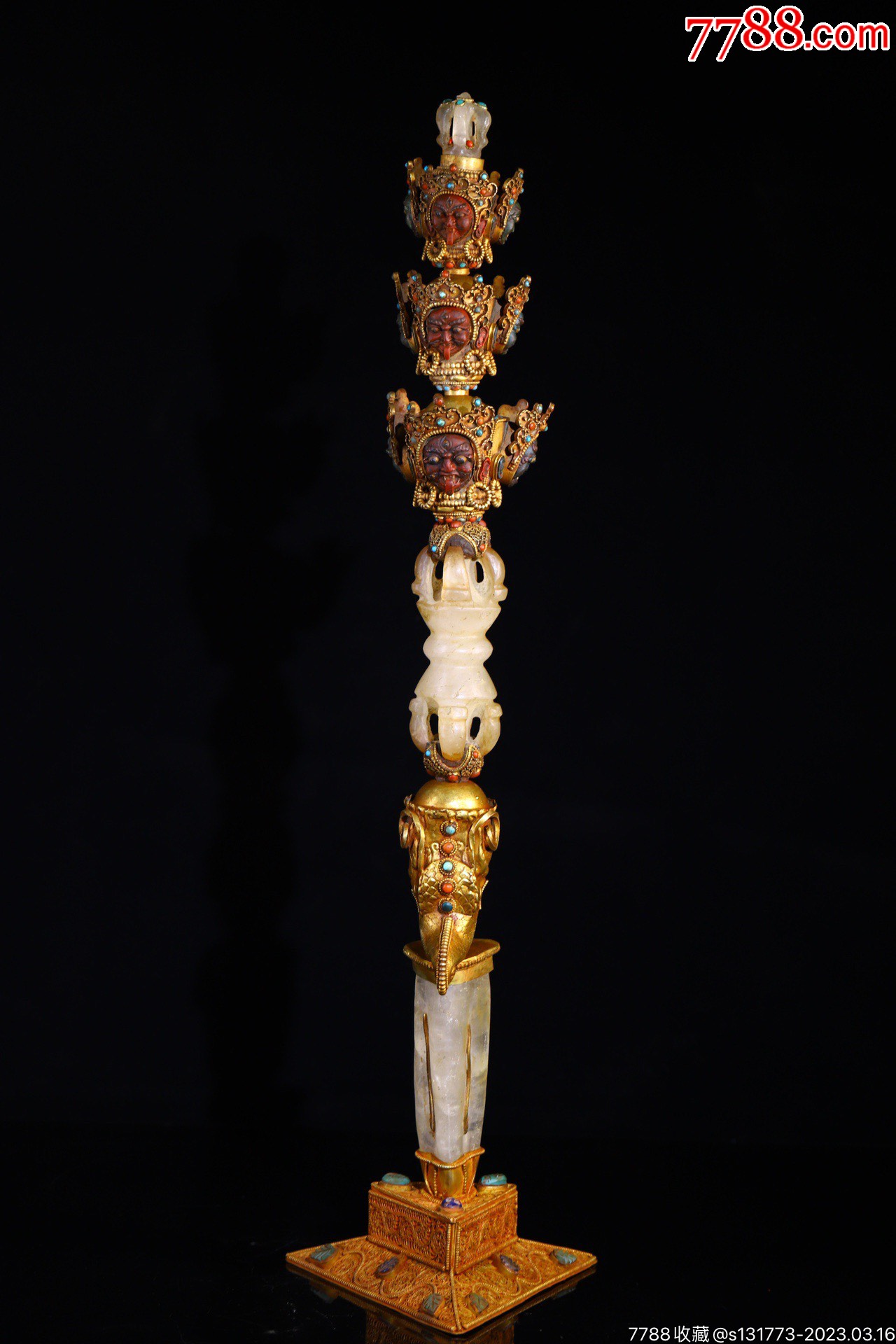 藏传佛教甄选殊胜天然水晶纯手工敲打，錾刻，重工镶嵌宝石法器高56厘米宽15_其他宗教藏品_秘传藏饰【7788收藏__收藏热线】