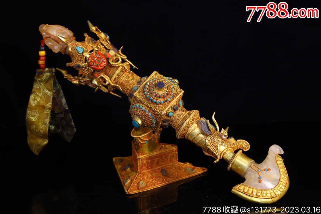 藏传佛教殊胜天然水晶纯手工敲打，錾刻，重工镶嵌宝石法器高48厘米宽15厘米_其他宗教藏品_秘传藏饰【7788收藏__收藏热线】