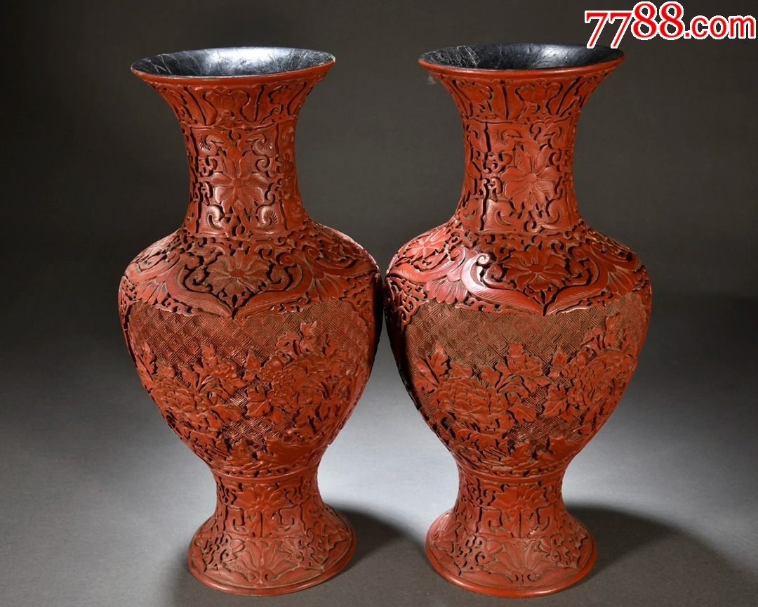 剔红漆器花开富贵图赏瓶一对_漆瓶_收藏价格_交易出手_7788人民币收藏