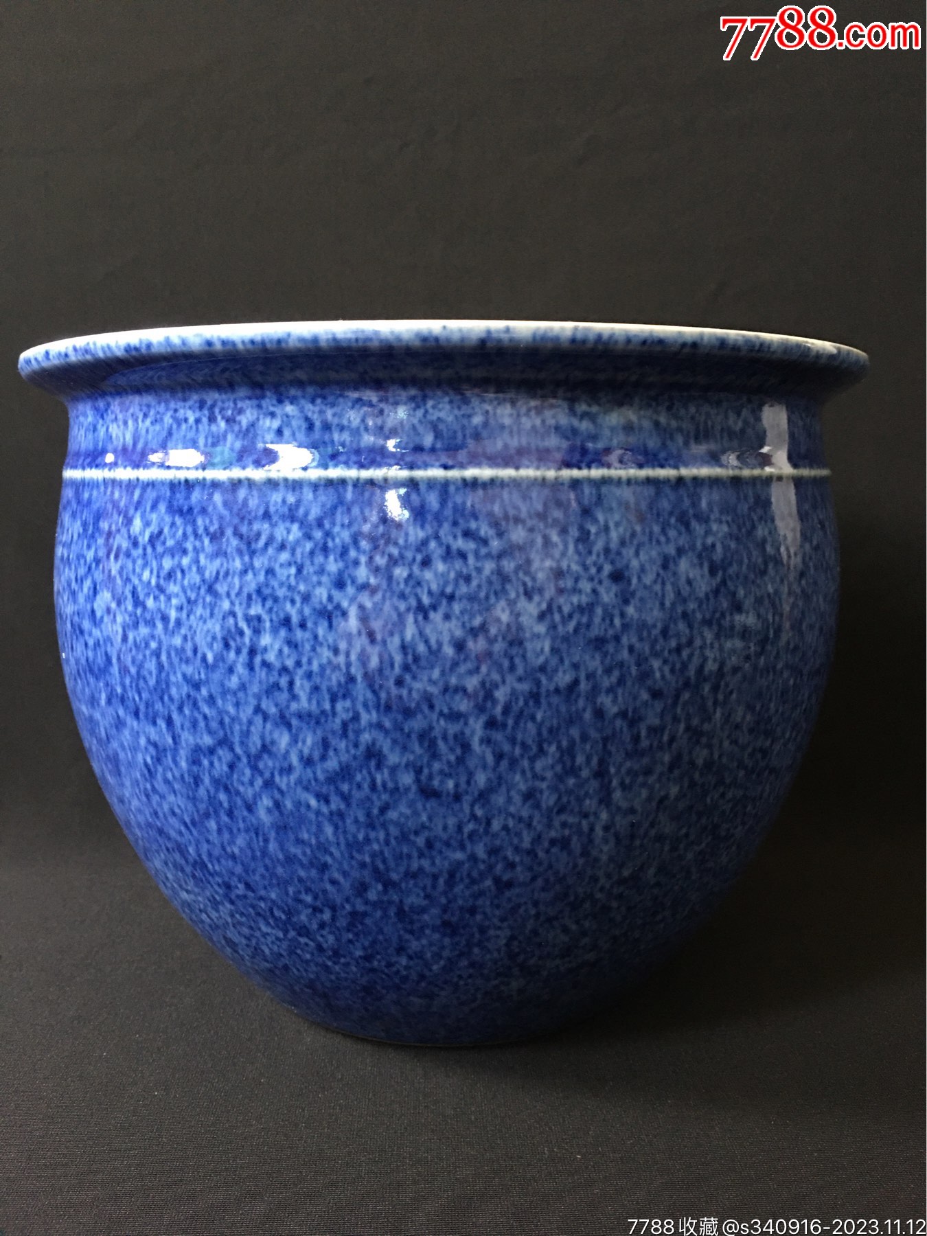 “大清乾隆年制”青花篆书款洒蓝缸_蓝釉瓷_图片收藏_回收价格_7788老酒收藏