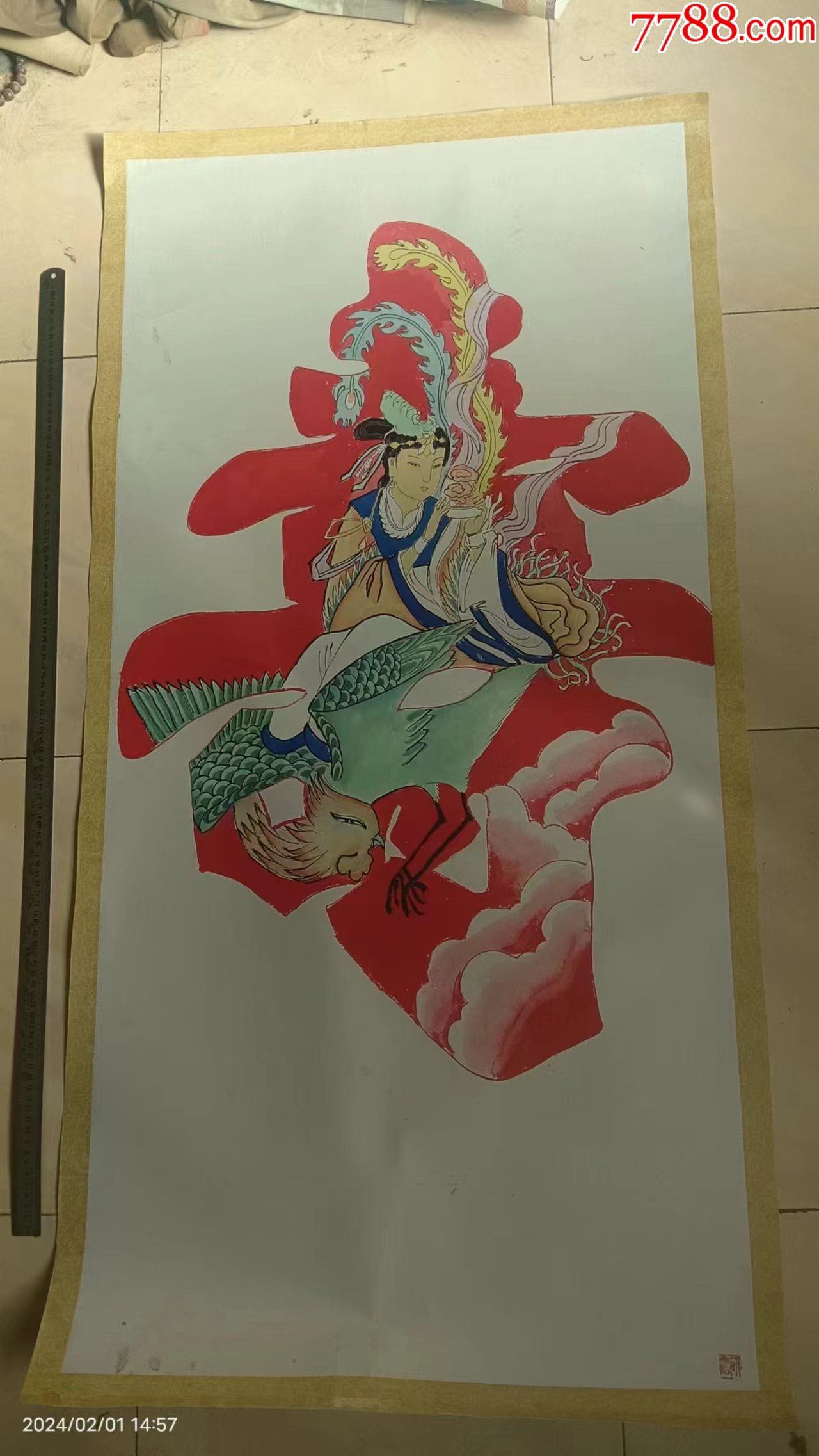 画心长126宽63厘米，手绘无款人物画国画仕女图，仙女骑凤凰-价格:80元-se98797614-人物国画原作-零售-7788收藏__收藏热线