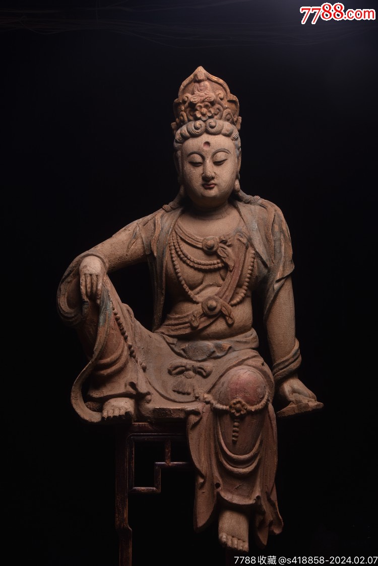 老木雕彩绘【自在观音】_木佛像/人像_品种图片_收藏价格_7788核雕收藏