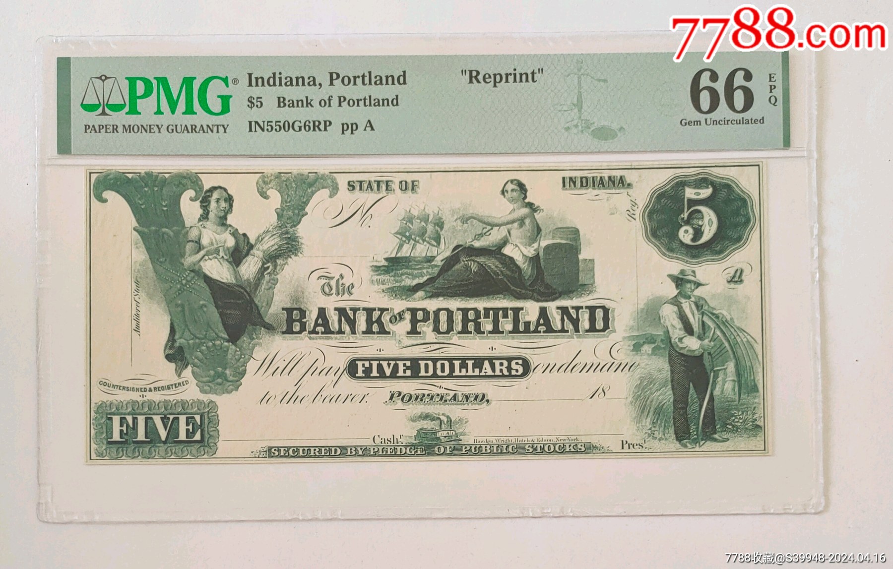 美国纸币印第安那州波特兰市银行1850年代5美元pmg66古董纸币图案精美漂-价格:1700元-se100067403-外国钱币-零售-7788收藏__收藏热线