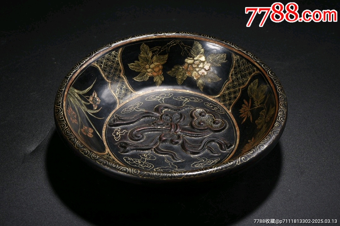 老木胎描真金浮雕漆器赏盘，不议价-价格:800元-se105613809-漆盘-零售-7788收藏__收藏热线